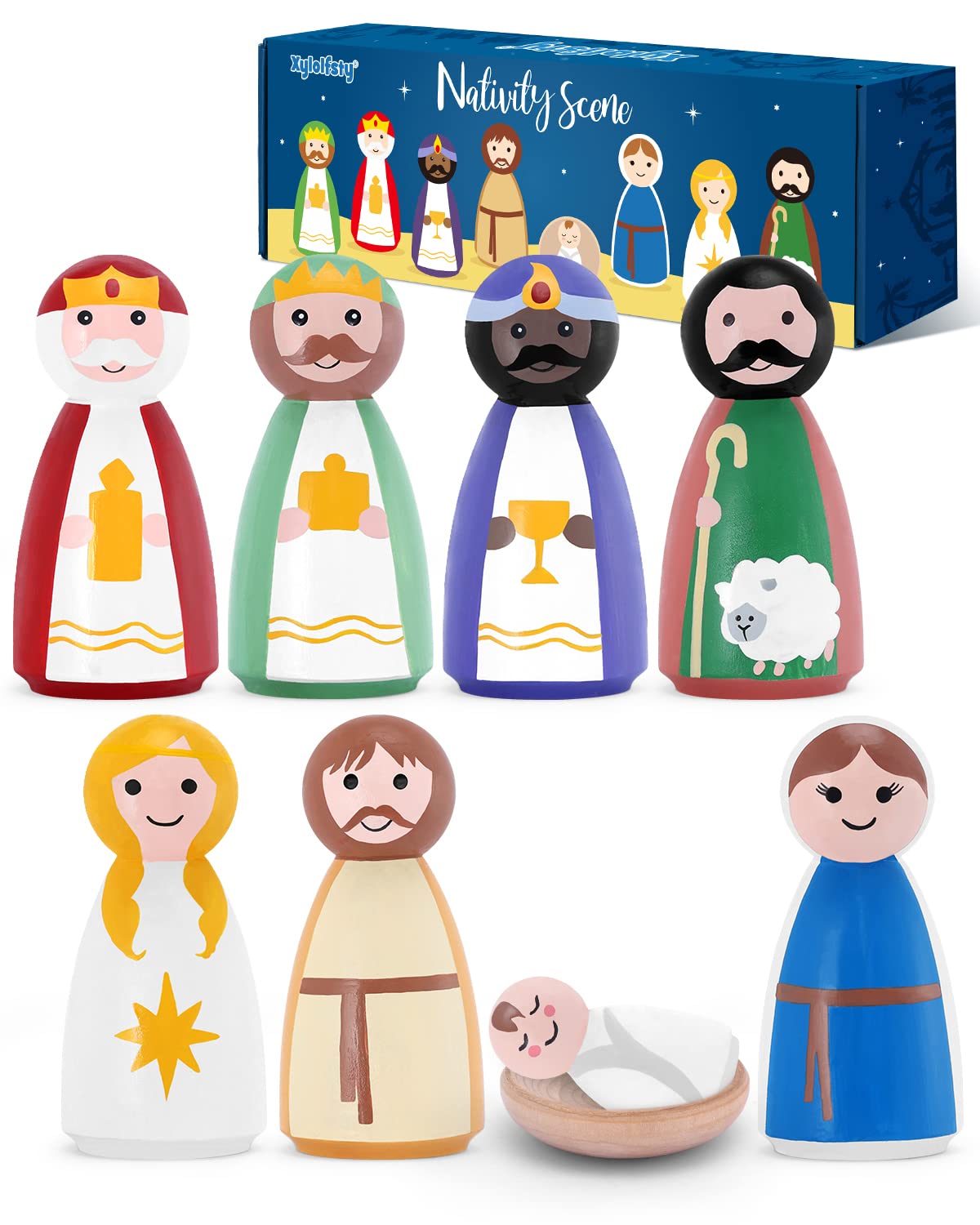Amazon.com: Xylolfsty 8pcs Nativity Set Peg Dolls Wooden Christmas Toys ...