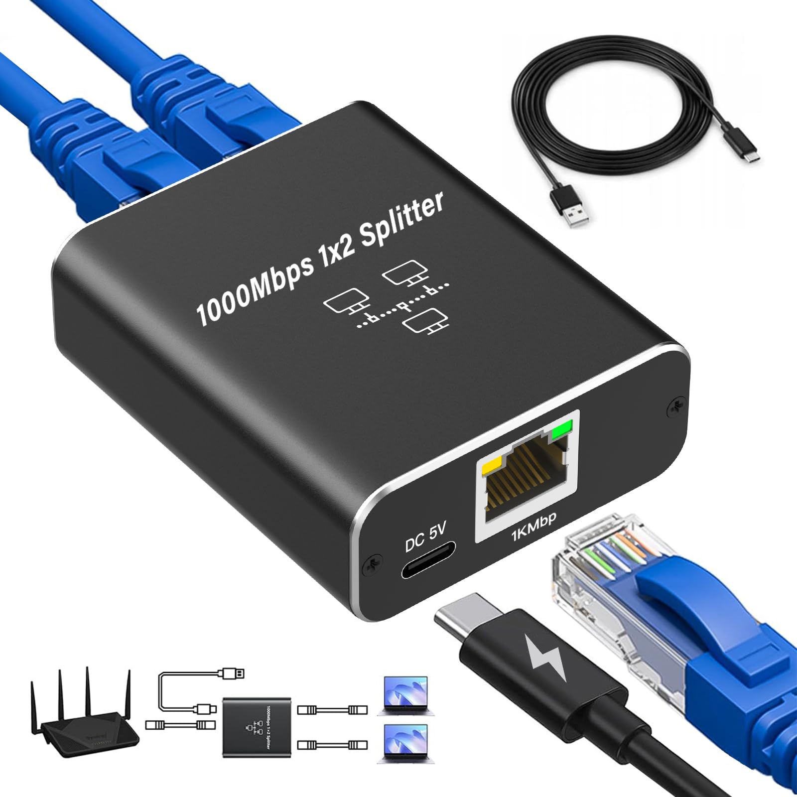 Buy Ethernet Splitter 1 to 2, Gigabit Network Splitter, 1000Mbps RJ45 ...