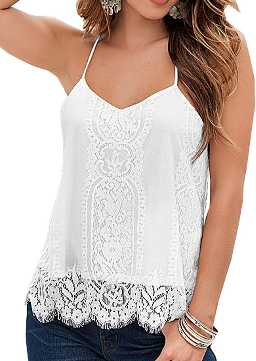 FAROOT Womens Spaghetti Strap Lace Crochet Racerback White Tank Top (XL ...