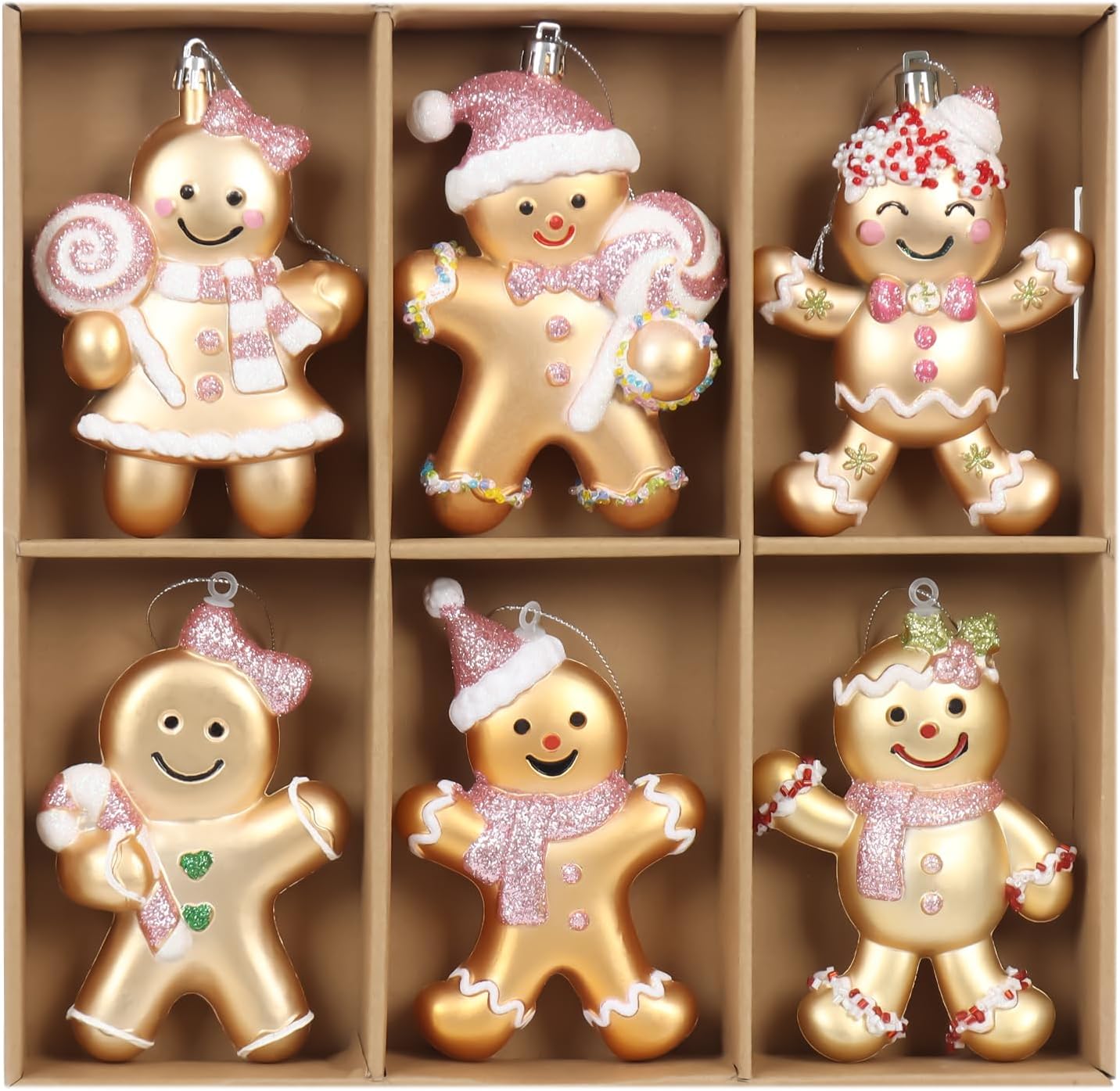 Amazon.com: Pink and Gold Gingerbread Man Christmas Ornaments, 6Ct ...