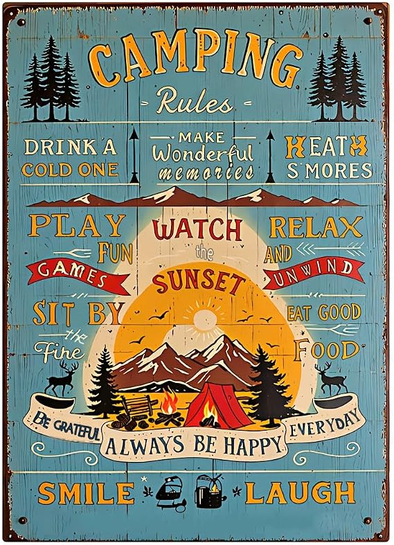 Amazon.com: Camping Decor For Camper Camping Rules Sign Metal Tin Signs ...