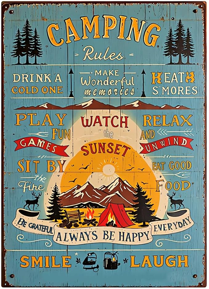 Amazon.com: Camping Decor For Camper Camping Rules Sign Metal Tin Signs ...