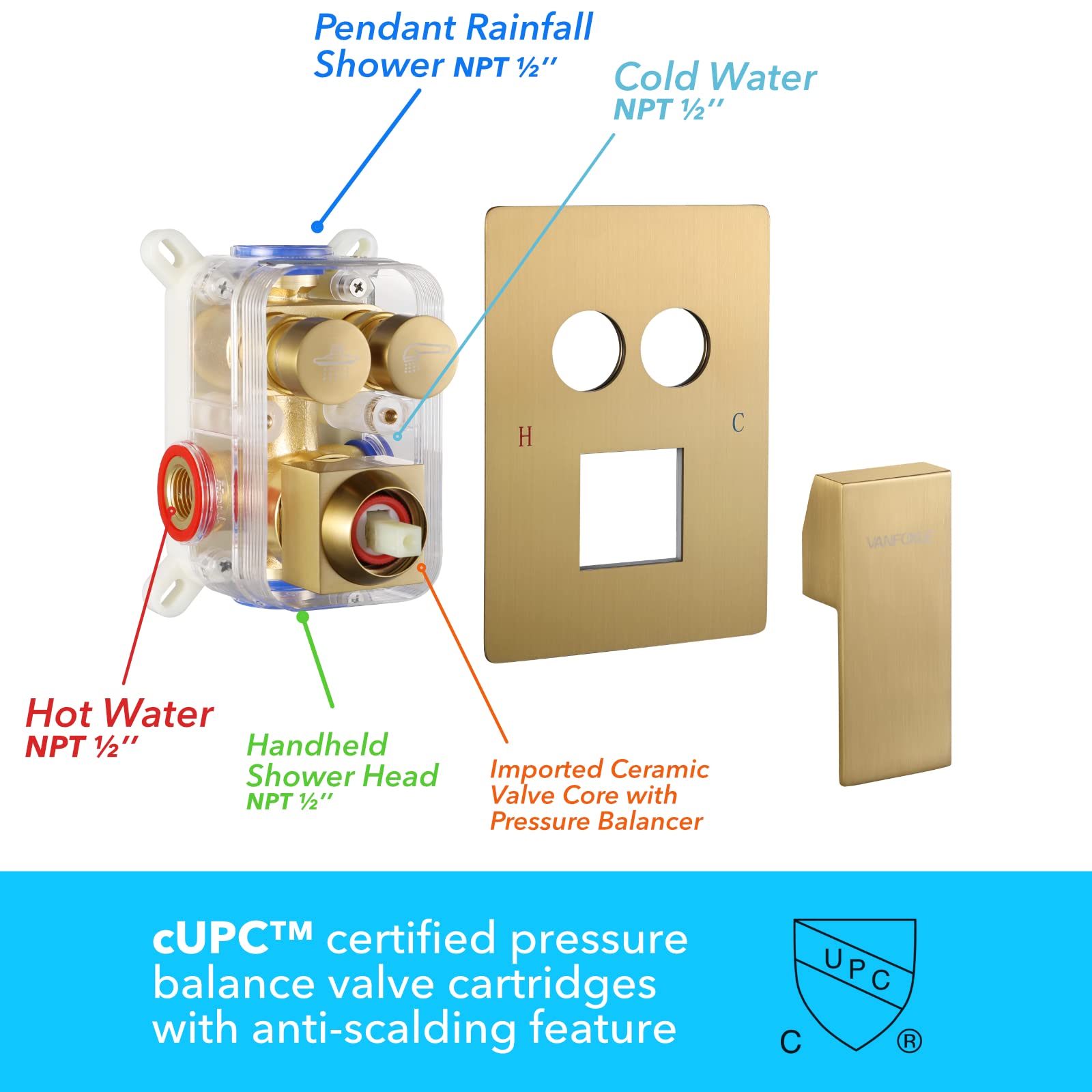 Snapklik.com : VANFOXLE Push Button Diverter Dual Modes Shower Faucet Valve Brushed Gold