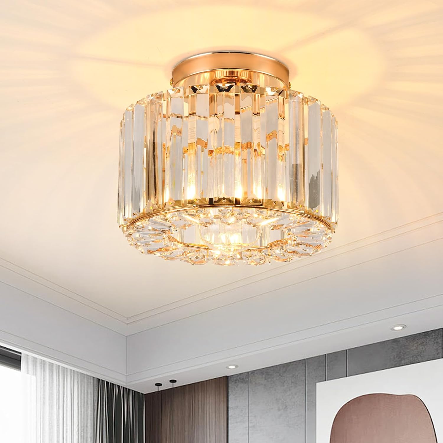 Higufyier Crystal Ceiling Light, Gold Ceiling Lamp, Semi Flush Mount ...