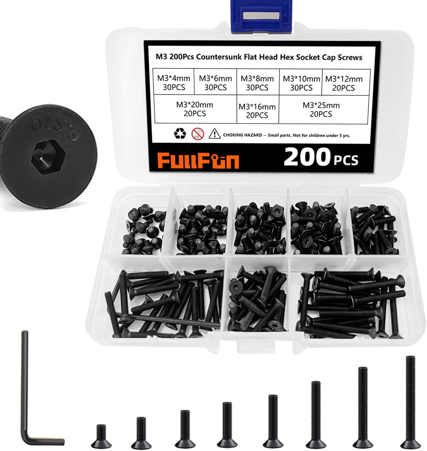 FullFun 200PCS M3 x 4/6/8/10/12/16/20/25mm Hex Socket Flat Head Screw ...