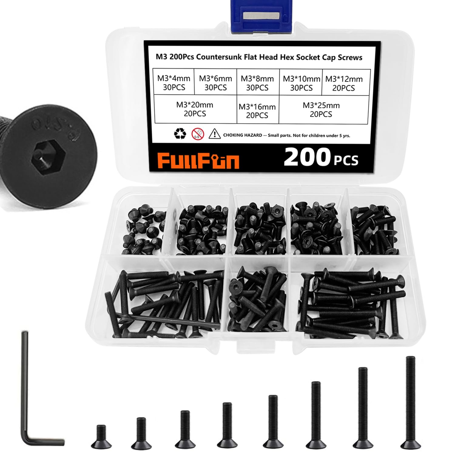 FullFun 200PCS M3 x 4/6/8/10/12/16/20/25mm Hex Socket Flat Head Screw ...