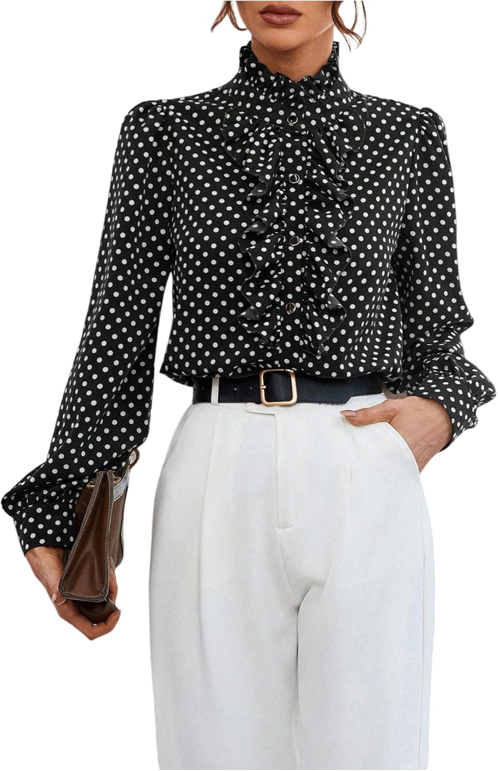 Amazon.com: Floerns Women's Ladies Polka Dots Long Sleeve Ruffle Button ...