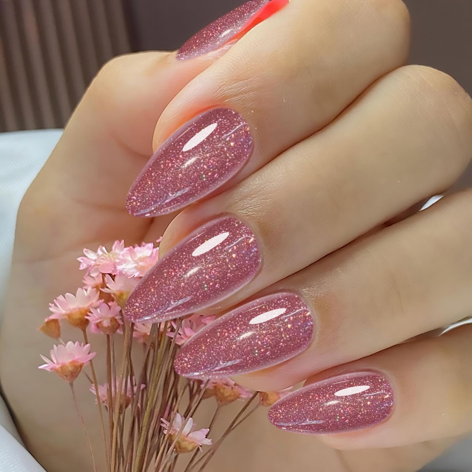 Amazon.com: Handmade Light Pink Glitter Press on Nails Almond Medium ...