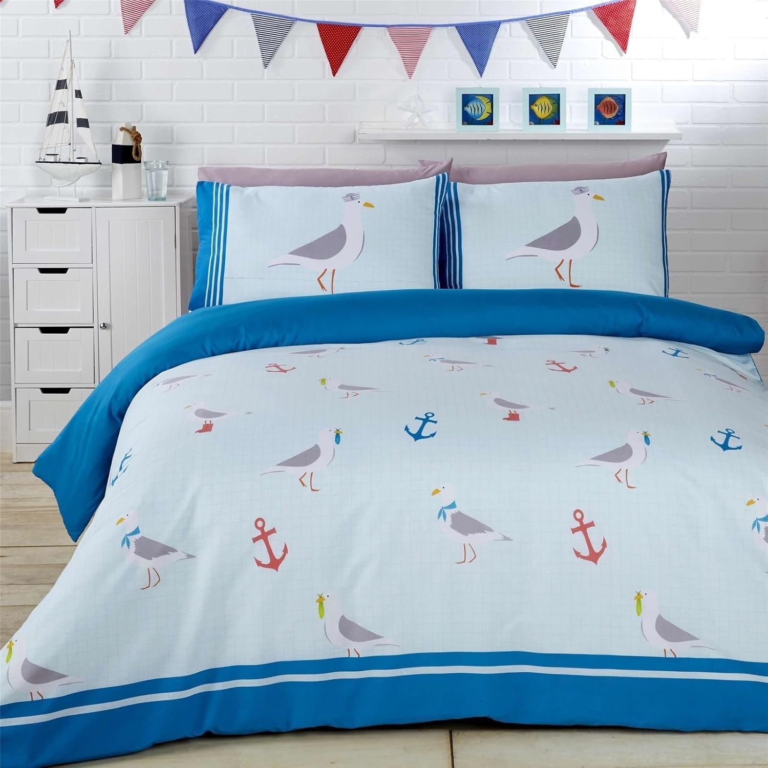 NCS Seaside Seagulls Birds Anchors Teal Green Duvet Cover Quilt Linen ...