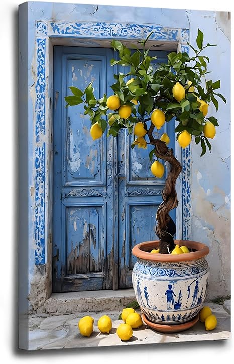 Amazon.com: Mediterranean lemon tree wall art rustic blue door lemon ...