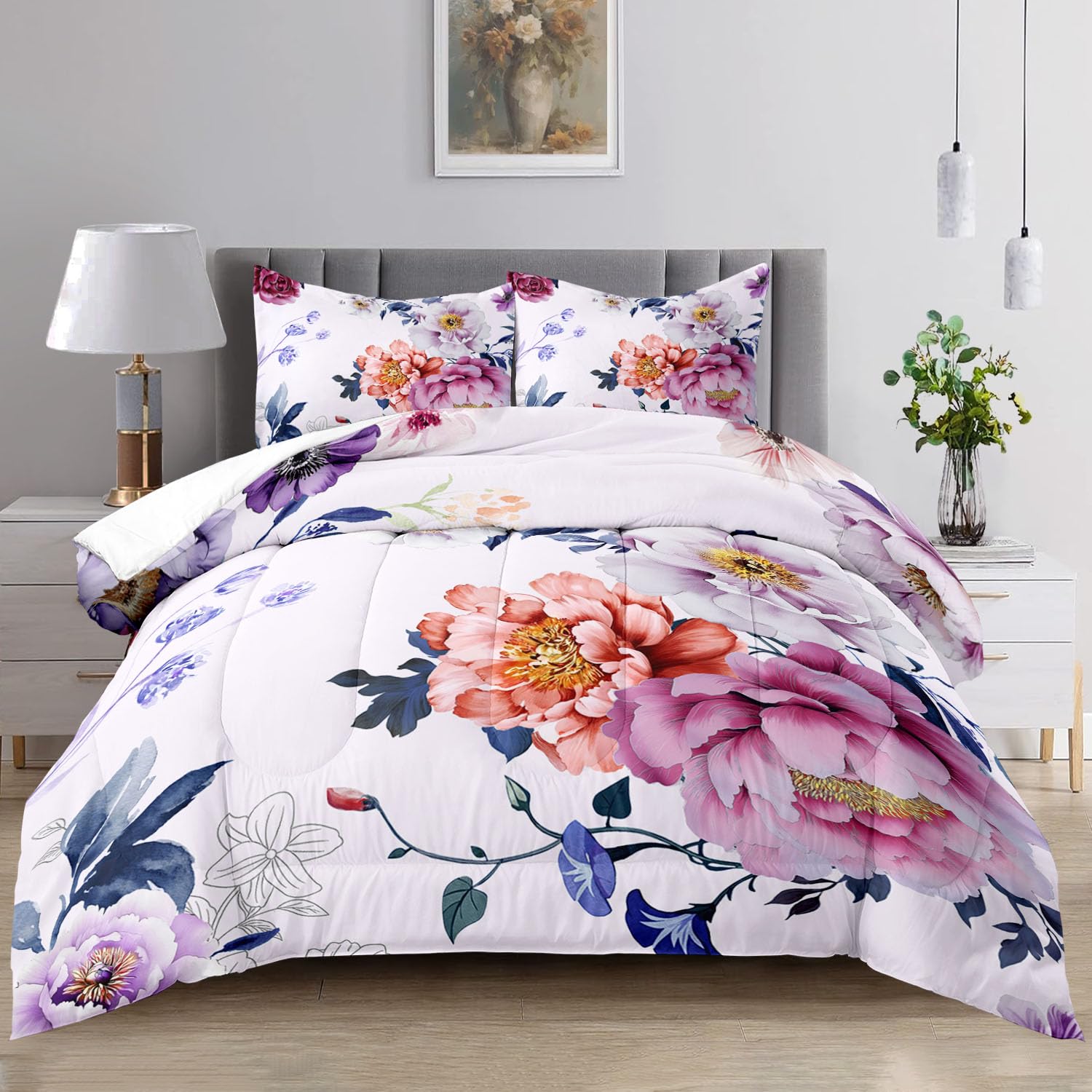 Amazon.com: Raphus cucullatus Purple Floral Comforter Set Twin,Pink Floral Bedding Set Twin,Cute ...