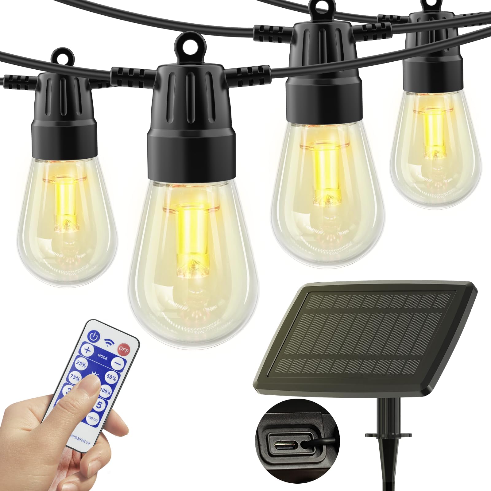 YSJ Solar Outdoor String Lights, 49ft(15m) Solar Waterproof Patio ...