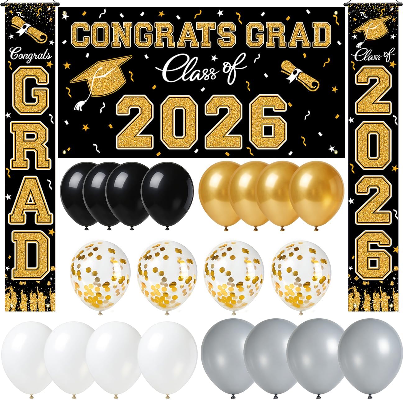 Amazon.com: WOHOHOHO 23Pcs Graduation Decorations 2026 Set, Black Gold ...