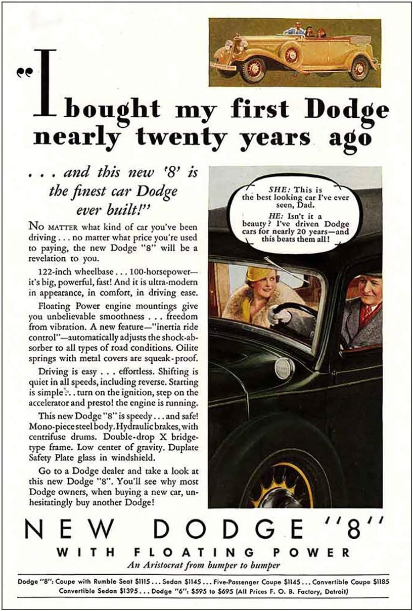 Amazon.com: RelicPaper 1933 Dodge 8: Twenty Years Ago, Dodge Print Ad ...