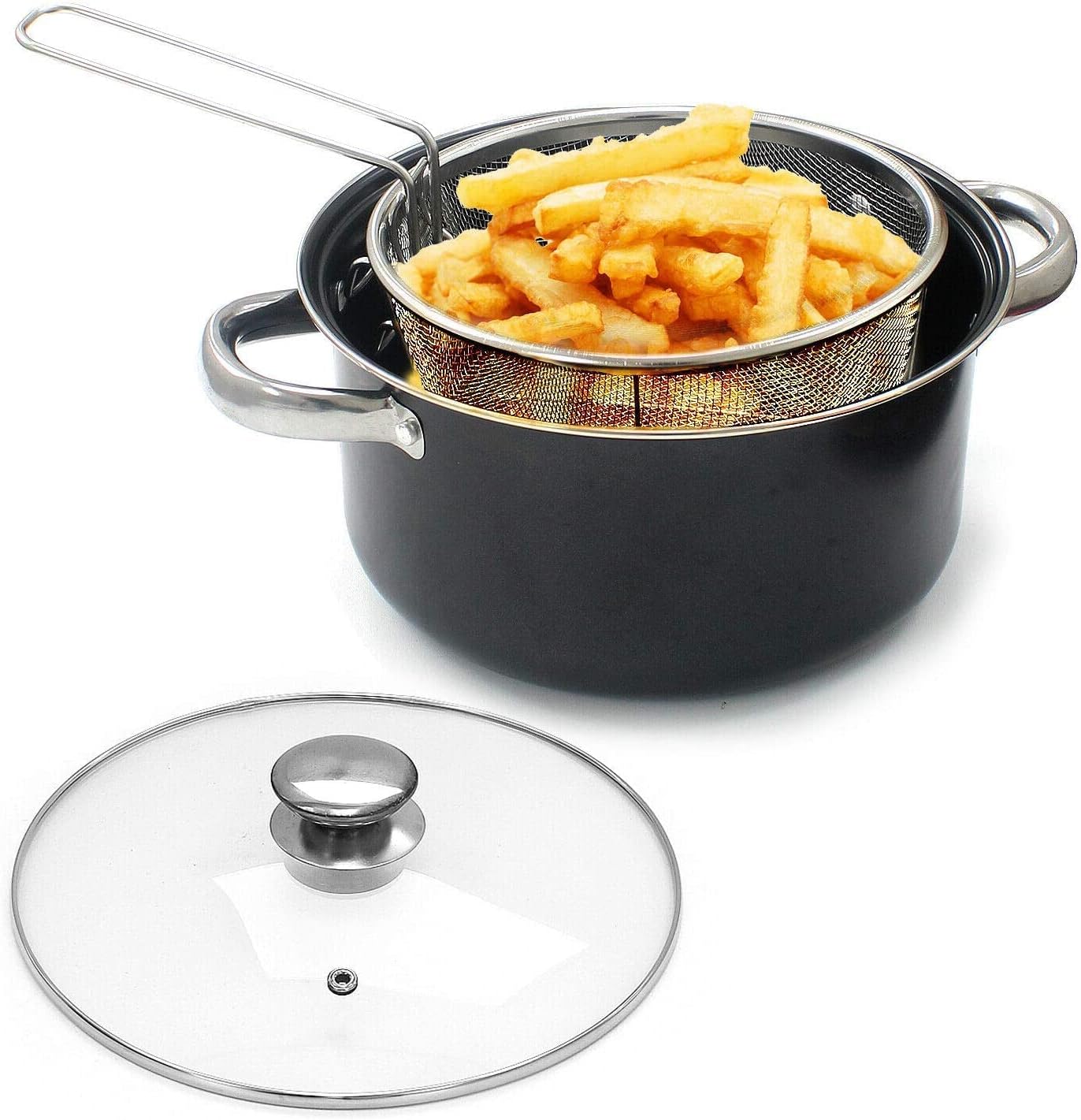 TRTO Black Chip Pan 4-in-1 Stove Deep Fat Fry Fryer Stew Frying Basket ...