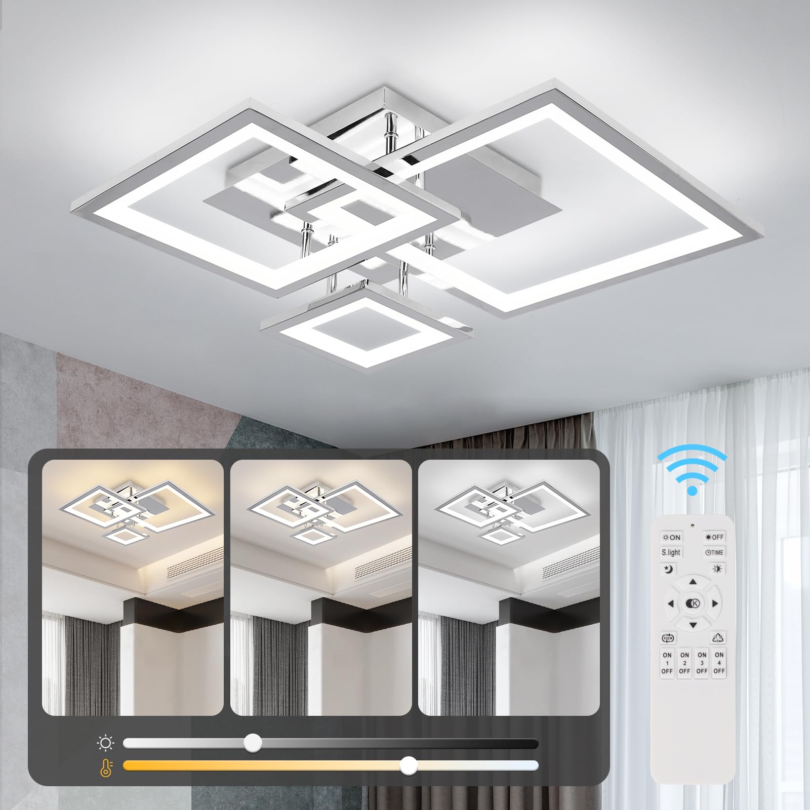 HLILCEH Modern Chrome Led Ceiling Light 3-Square Design 3000K-6500K ...