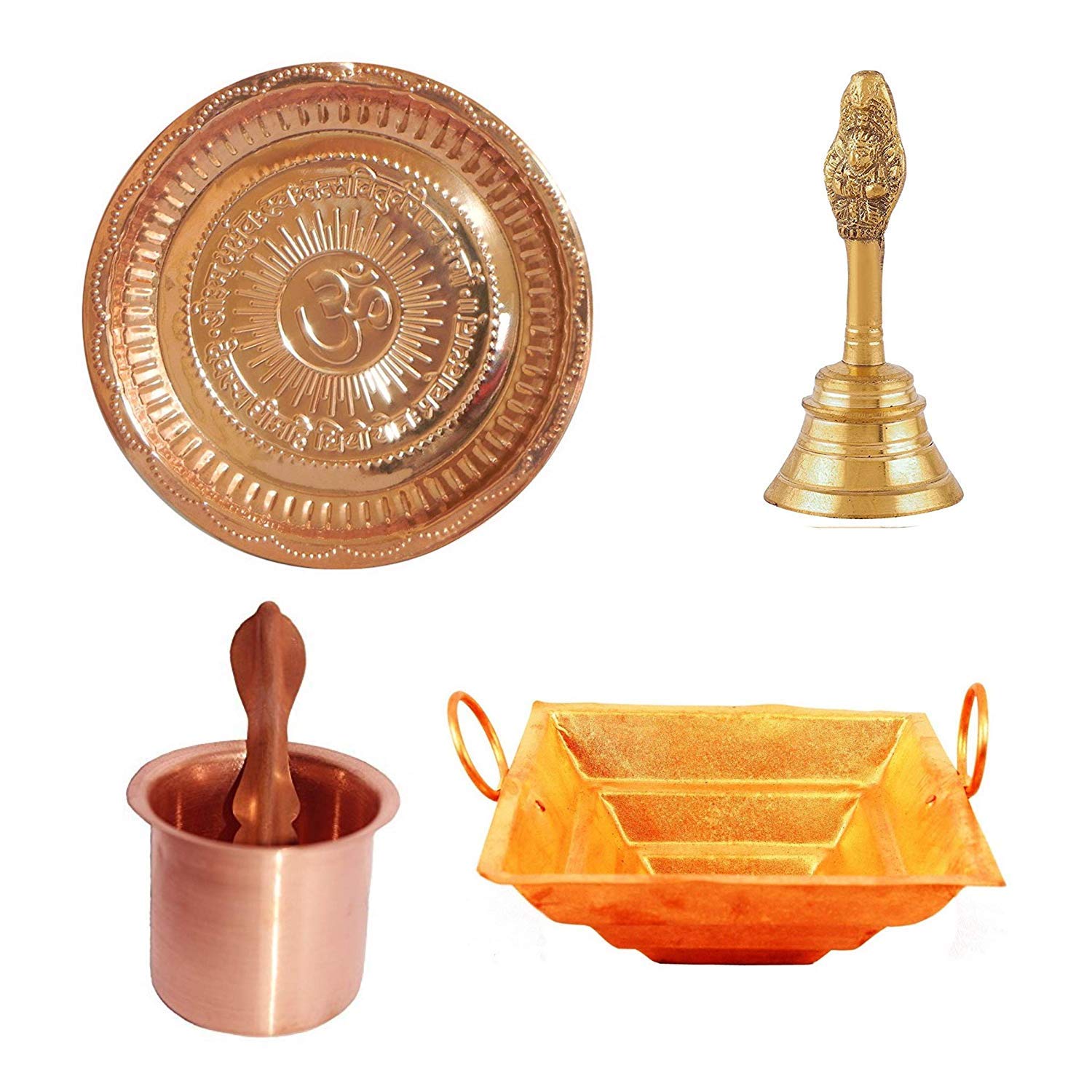 UK Hub Combo of Copper Puja Thali/Garuda Ganti/Panch Patra/Yagya Hawan ...