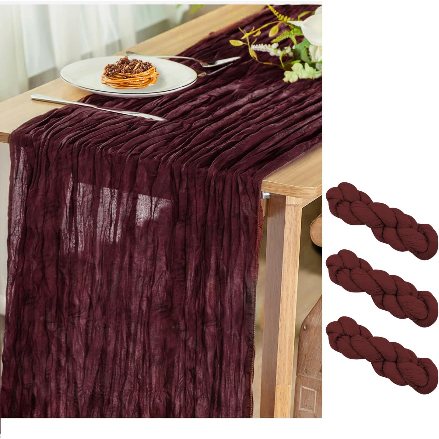 Amazon.com: 3 Pcs Burgundy Cheesecloth Table Runners 35 x 160 inches ...
