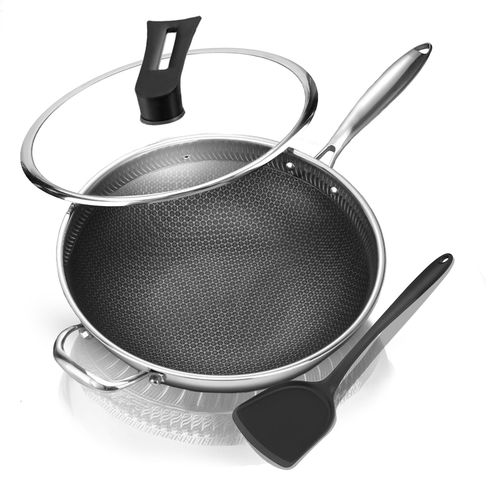 Wok Non Stick Frying Pans 32cm Hybrid Stainless Steel Wok With Lid ...