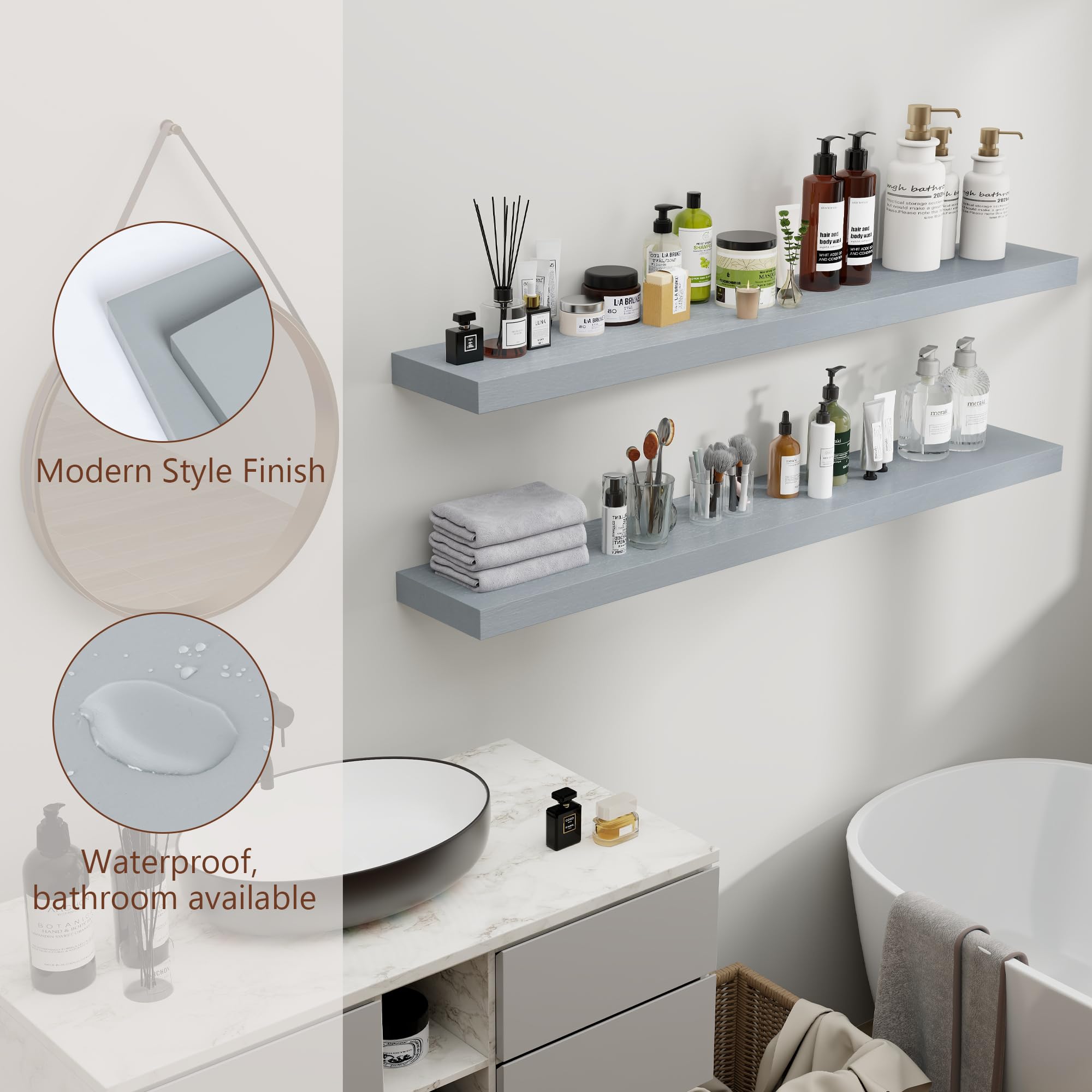 Grey Floating Shelves 48 Inch Set of 2, Long Wood Wall Mounted Shelves ...