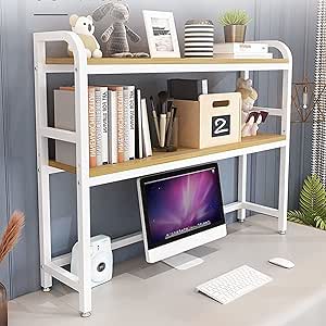 Adjustable 2 Ti Desktop Bookcase for Computer Desk Wood and Metal ...