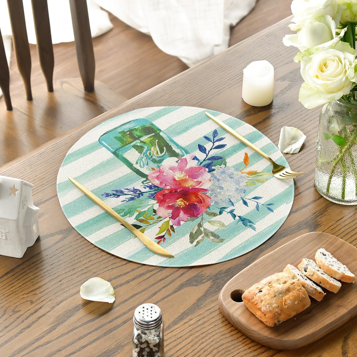 Amazon.com: Watercolor Stripes Flower Vase Spring Round Placemats Set ...