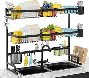 MERRYBOX 3 Tier Over The Sink Dish Drying Rack Sturdy Large Upgraded Stainless Steel Dishes ...
