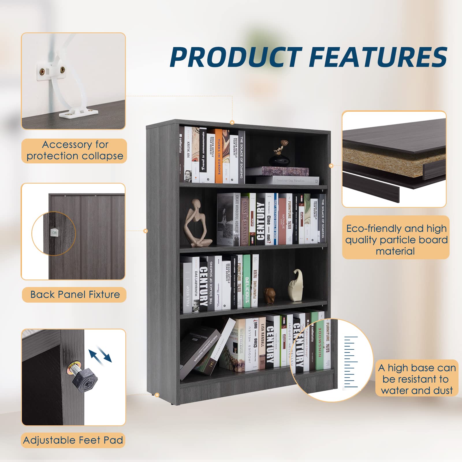 Snapklik.com : Grey Bookshelf For Bedroom 4 Shelf Office Bookcase 48 ...