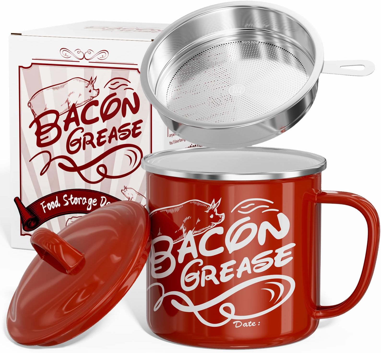 Amazon.com: Tabitgs 1.3L White Bacon Grease Saver Container with Fine ...