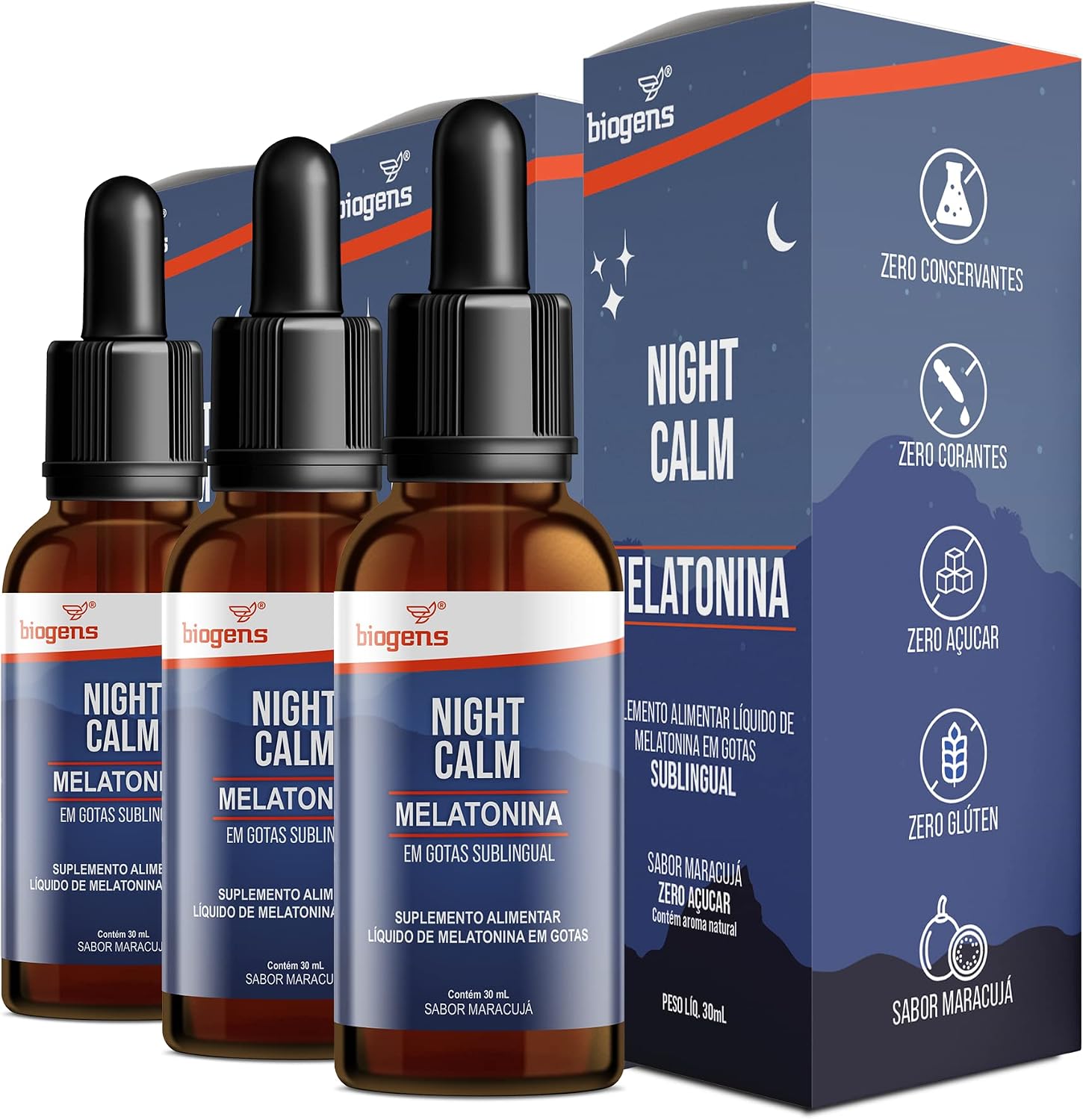 Night Calm Melatonina em gotas sublingual, sabor maracujá, Biogens, Kit ...