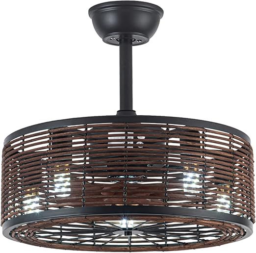 Yaretro Woven Caged Ceiling Fan with Light and Remote Enclosed Rattan ...