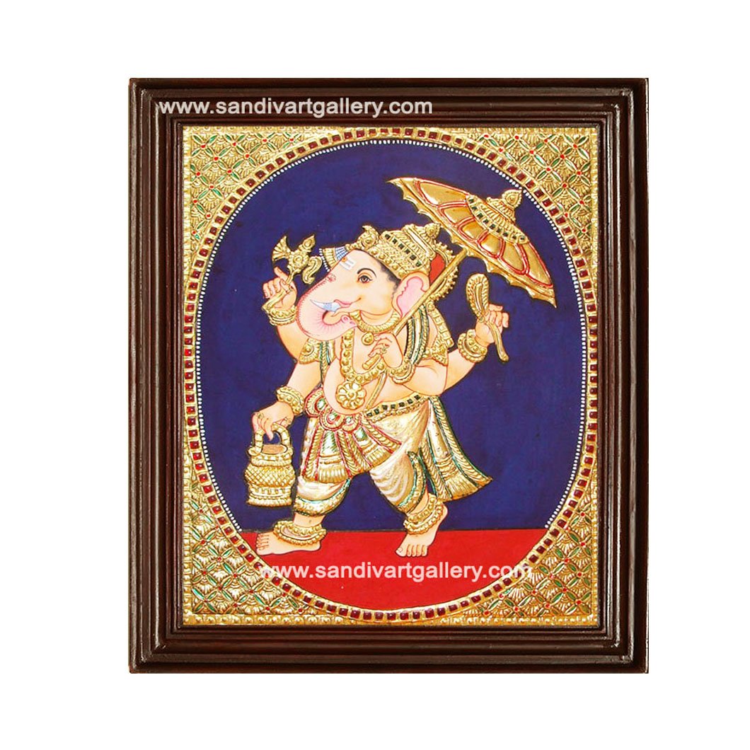 Buy Sandiv Art Gallery Ganesha Walking Tanjore Painting – 22 Carat Gold ...