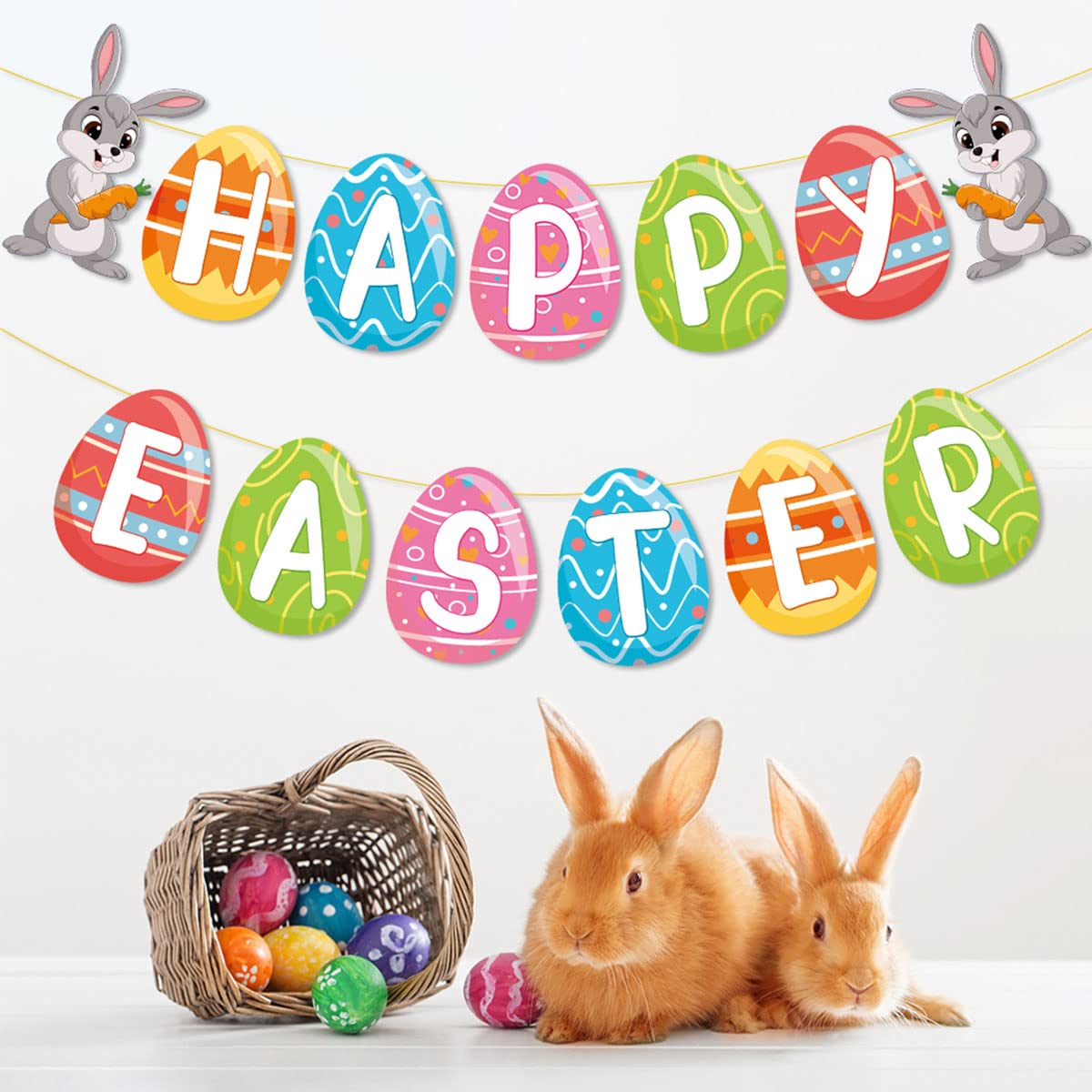 SHOKAN Easter Decorations Easter Banner, 2pcs Happy Easter Bunting ...