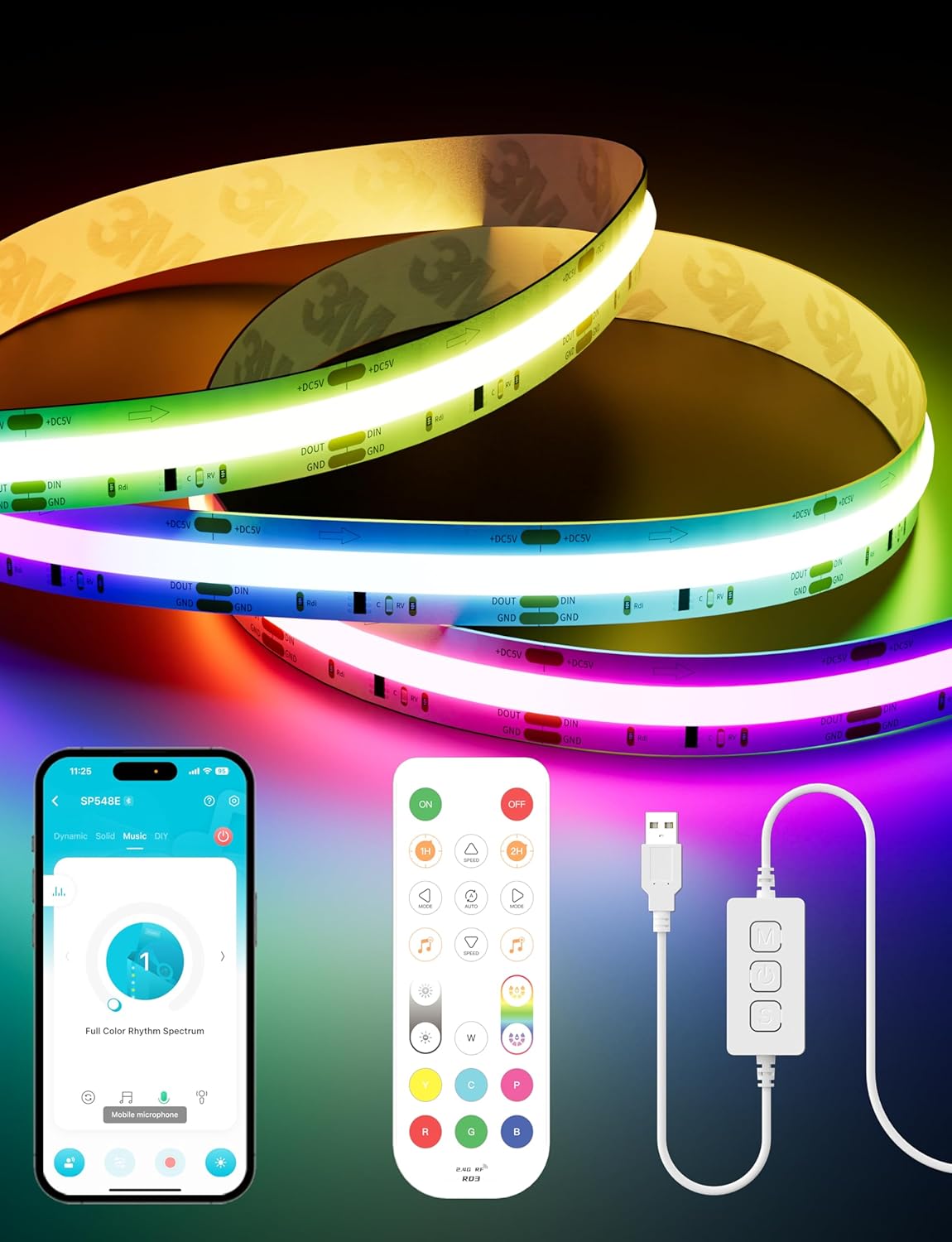 Amazon.com: PAUTIX RGB Smart IC COB LED Strip Light 5V USB,Color ...