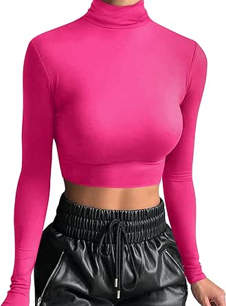 MSBASIC Hot Pink Long Sleeve Crop Top for Women Crop Top Turtleneck Cute Slim Fitted Shirt for ...