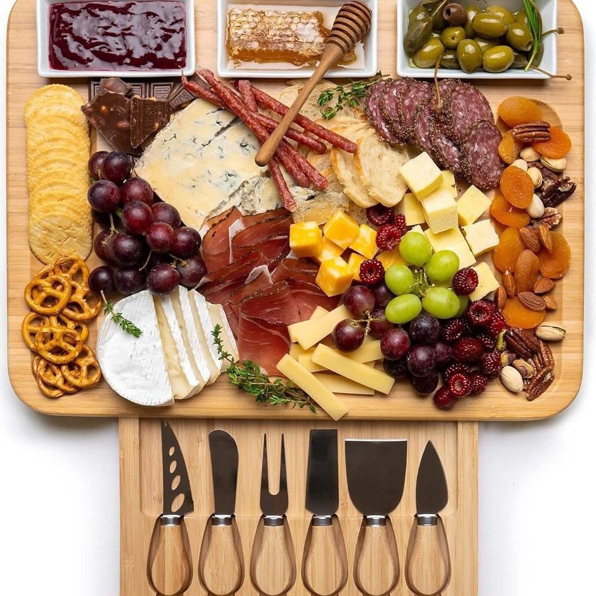 Amazon.com: Bamboo charcuterie Board Includes 6 Cheese Knives, 3 ...