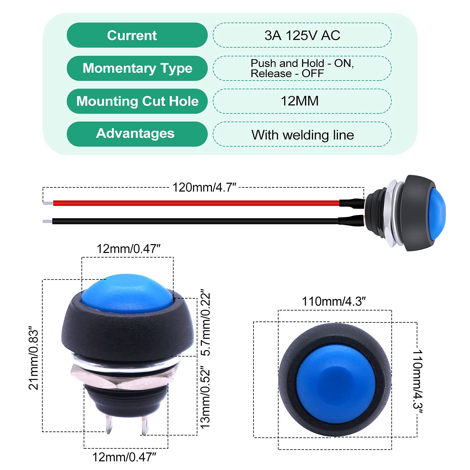 Snapklik.com : Twidec/6Pcs 12mm Momentary Push Button Switch 1/2 Mounting Hole On Off Mini Round ...