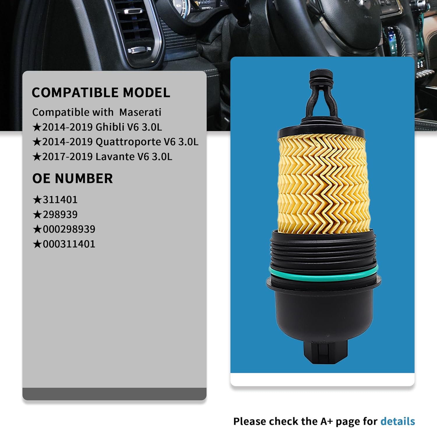 Filtro de aceite 311401 298939 compatible con motores Maserati Ghibli y ...