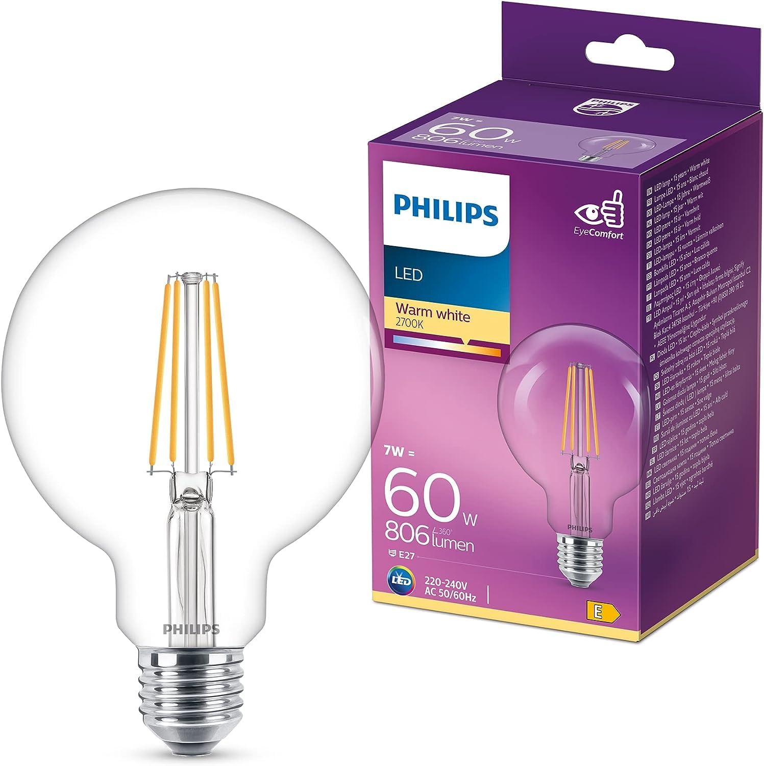 Philips LED Premium Classic G95 Globe Light Bulb [E27 Edison Screw] 7W ...