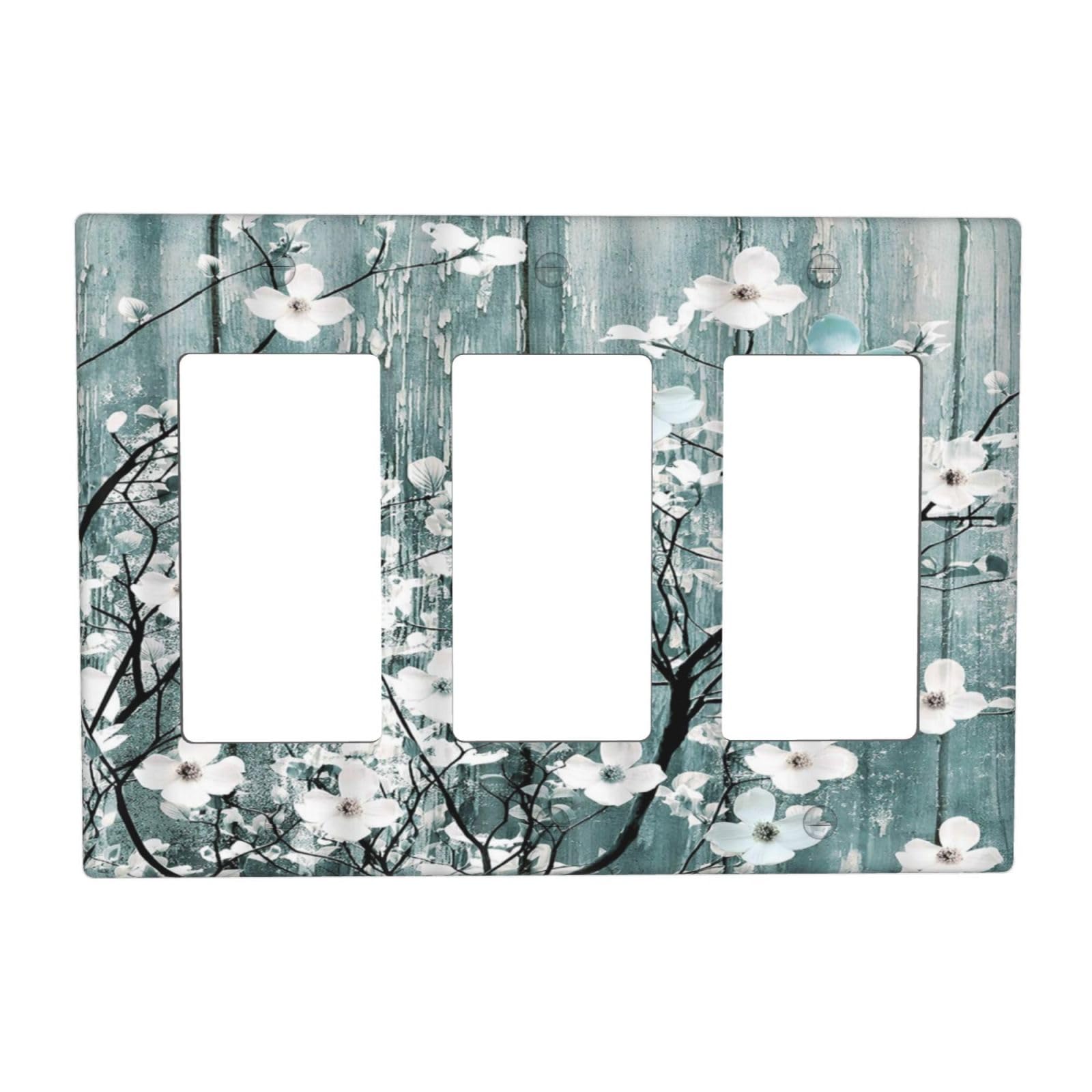 Spshian Rustic White Flower Blue Wood Plank 3 Gang Rocker Light Switch ...