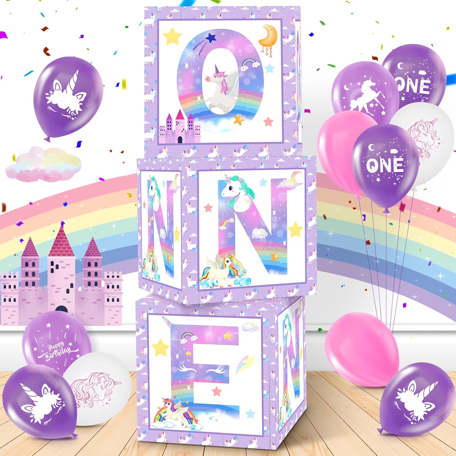 Amazon.com: Rainbow One Balloons Boxes for 1st Birthday Purple Rainbow ...