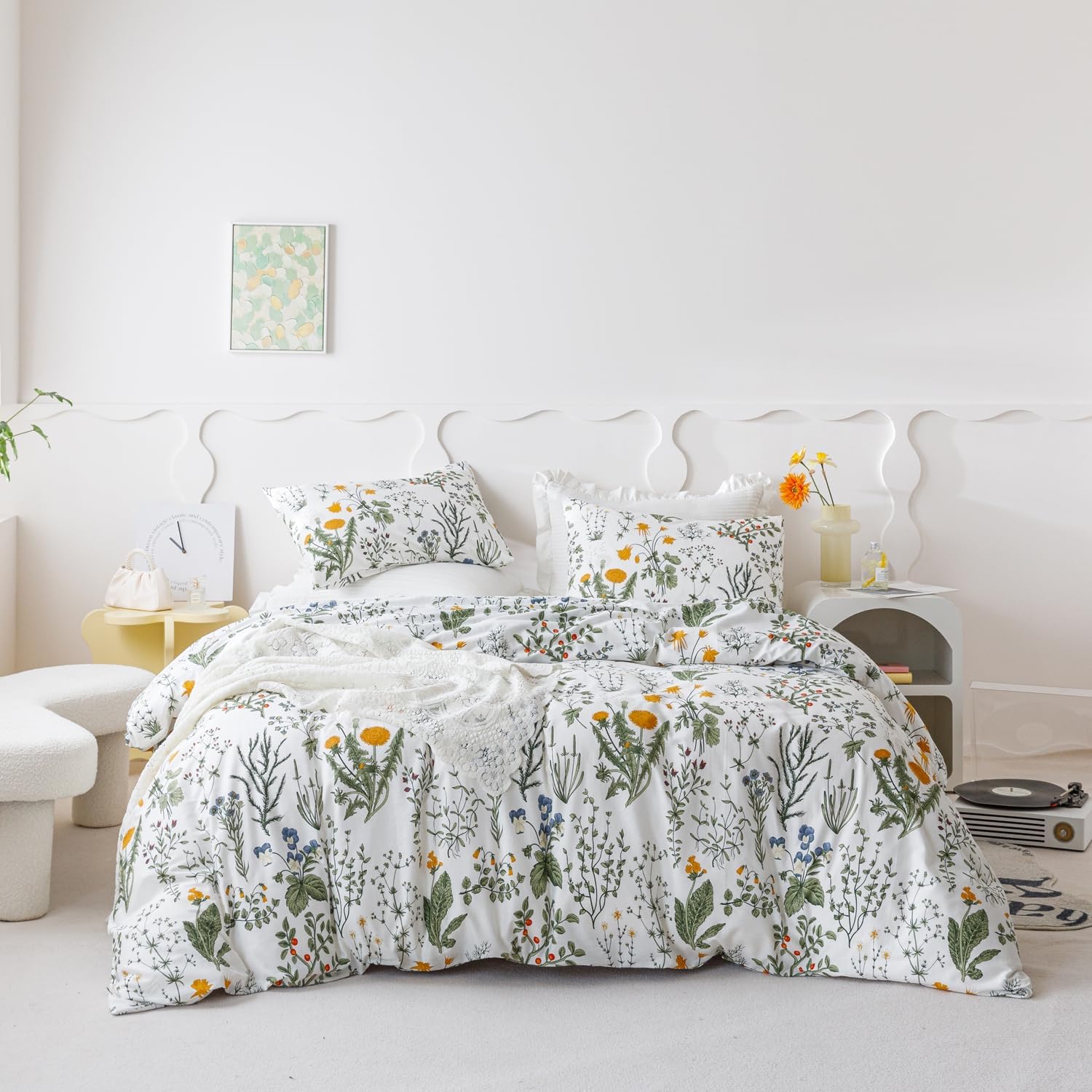 Amazon.com: SUSYBAO Green Botanical Duvet Cover King 100% Cotton Yellow ...