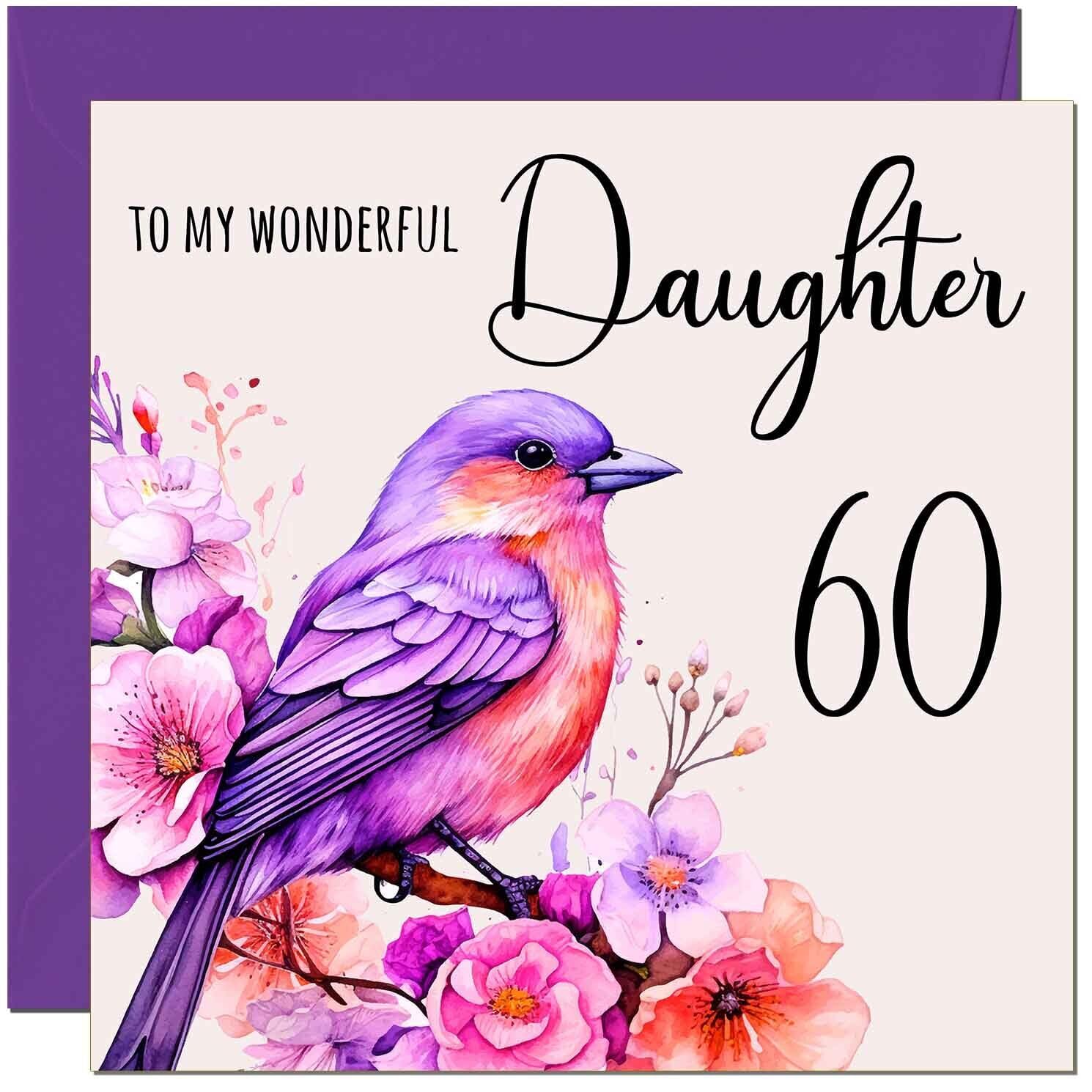 60th Daughter Birthday Card - Purple Watercolour Bird Daughters ...