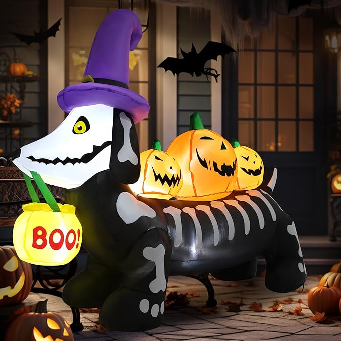 Amazon.com: TCFUNDY 5 FT Halloween Inflatables Skeleton Dog with ...
