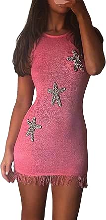 Faretumiya Women Starfish Sequin Mini Dress Sleeveless Star Print ...