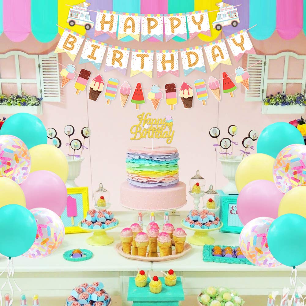 Snapklik.com : Ice Cream Birthday Banner And Cake Topper Summer ...