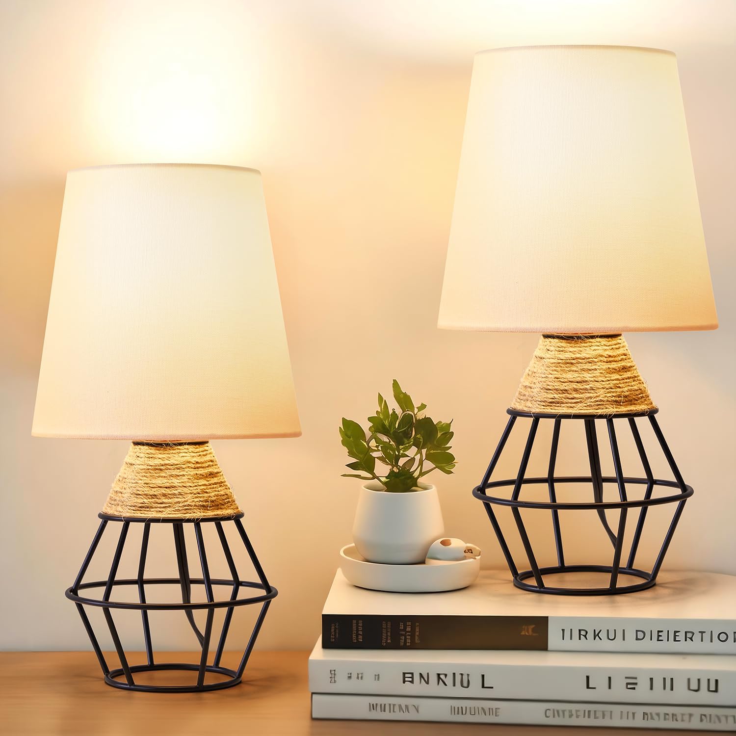 Tujoe 2 Set 7.6"x9.3" Boho Rattan Table Lamp Bamboo Woven Handmade Boho ...