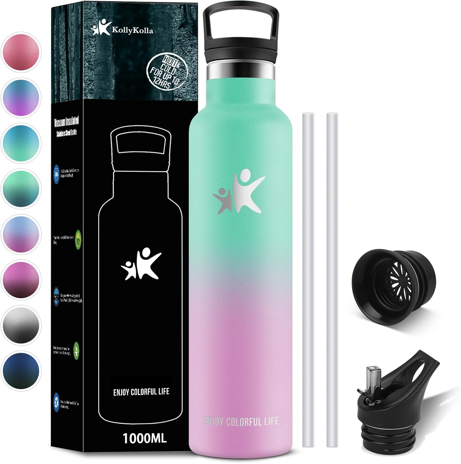 KollyKolla Gourde Isotherme 1L, Gourde Inox avec en Paille, Bouteille ...