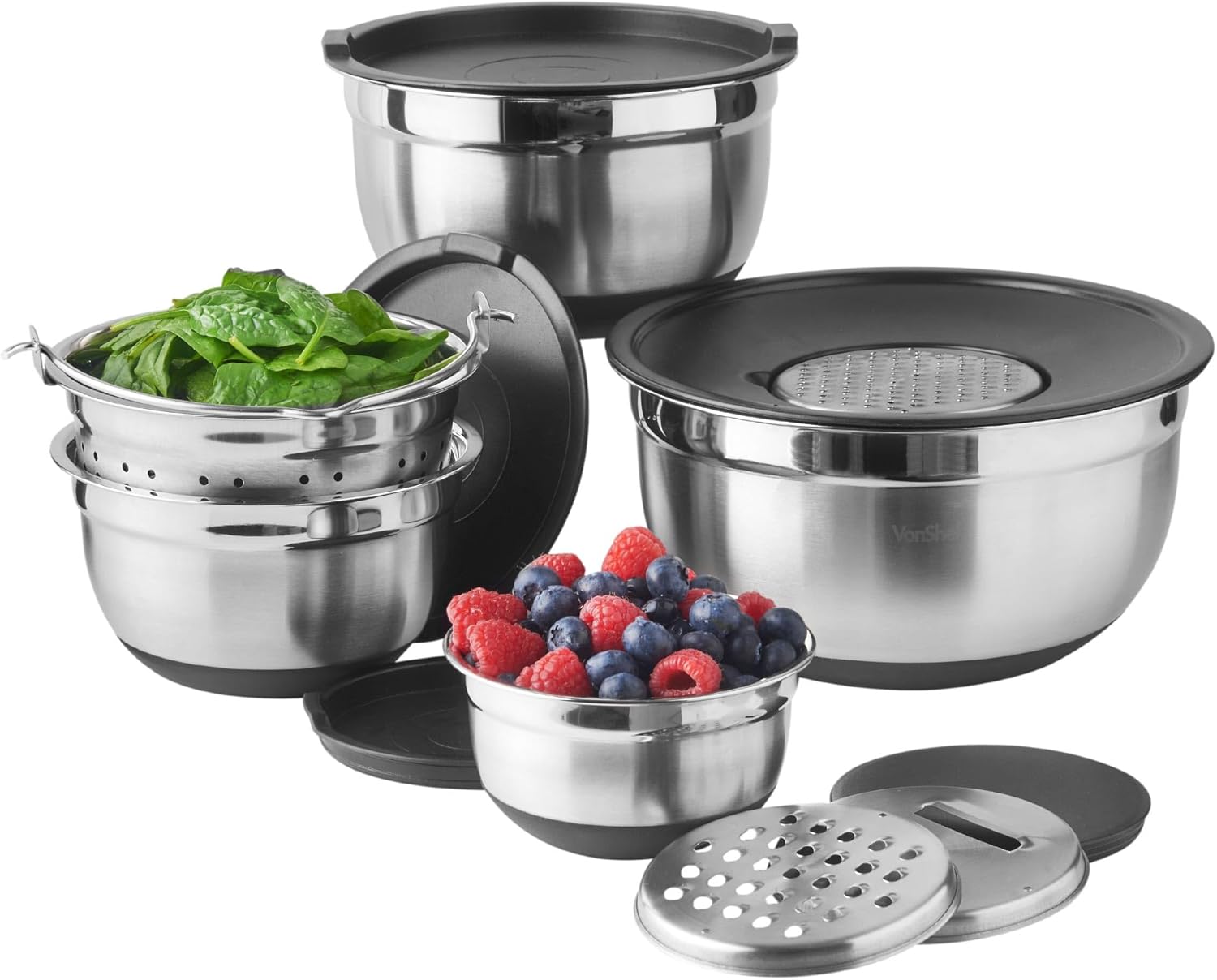 VonShef 12Pc Mixing Bowl Set, Stainless Steel Mixing Bowls with Anti ...