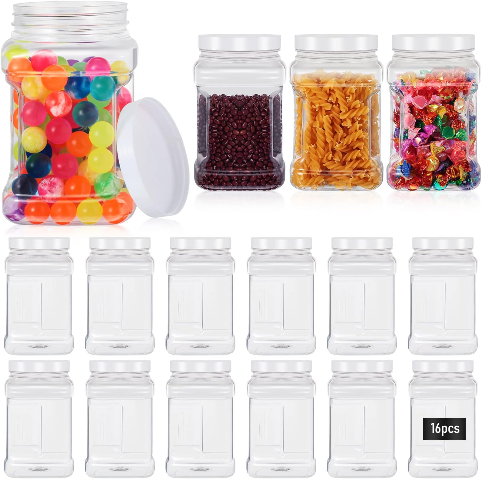 Amazon.com: 16 Pack Plastic Jars with Lids 27 oz Clear Square Plastic ...